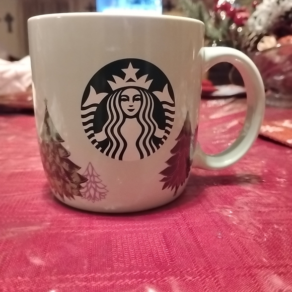 Starbucks | Kitchen | Starbucks Mug With Black Logo And Colorful Trees ...